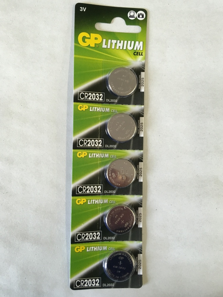 GP Brand CR2032 Lithium coin cells in cards of 5 batteries